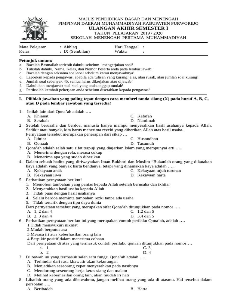 Soal PAS Akhlak Kelas 9 KTSP | PDF