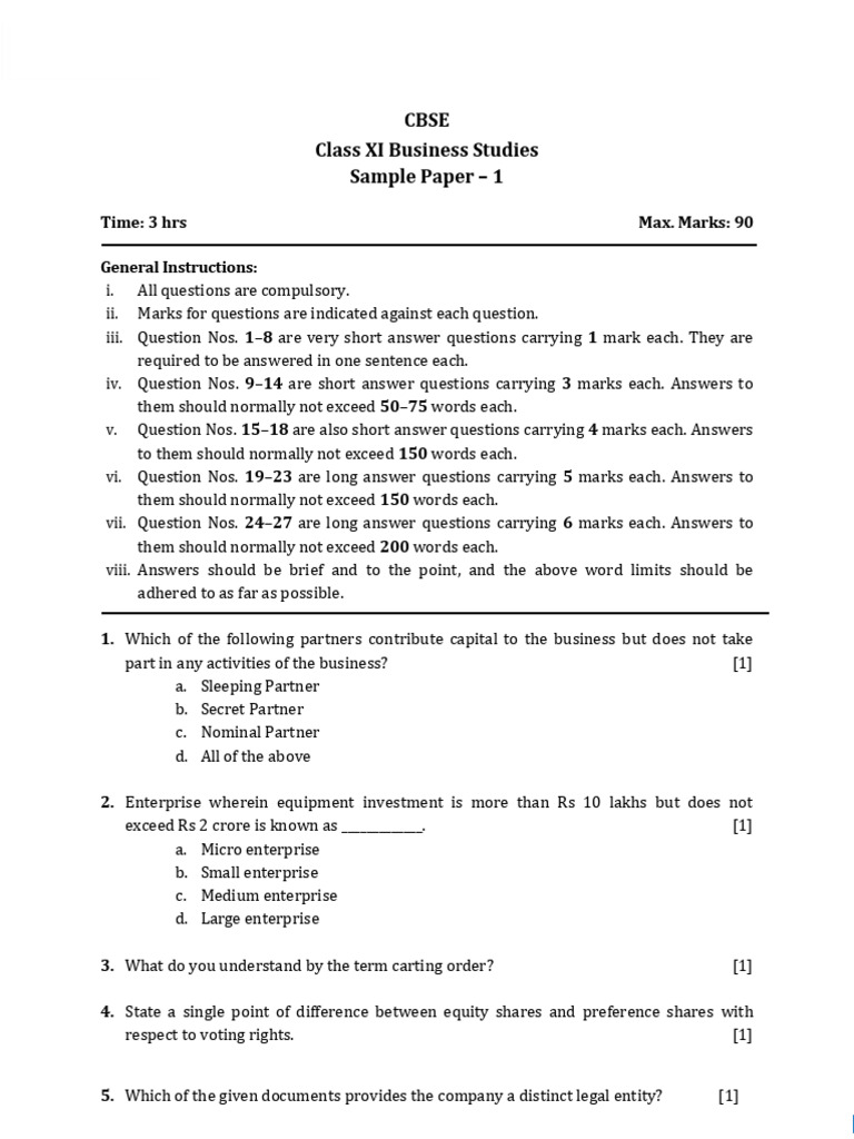 CBSE CLass 11 Busniess Studies (BST) Sample Paper-1 | PDF | Insurance | Business Law