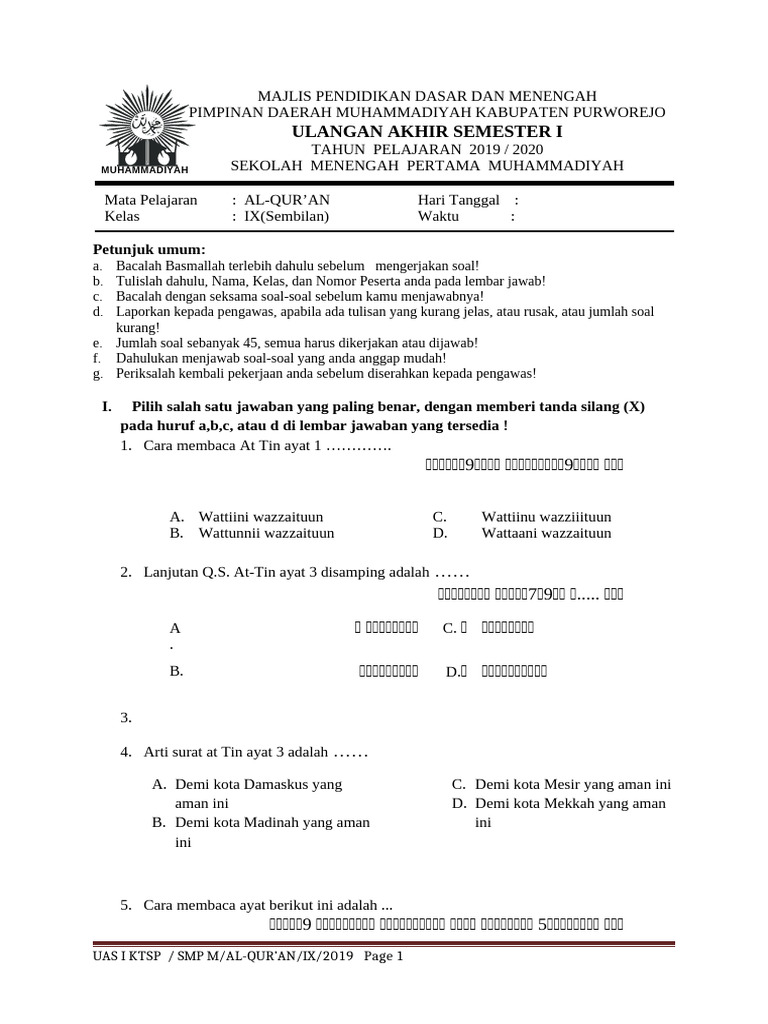 Soal PAS Al Quran Kelas 9 KTSP | PDF | Agama & Spiritualitas