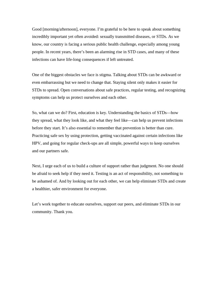 STD Awareness Speech | PDF | Self-Improvement | Lifestyle