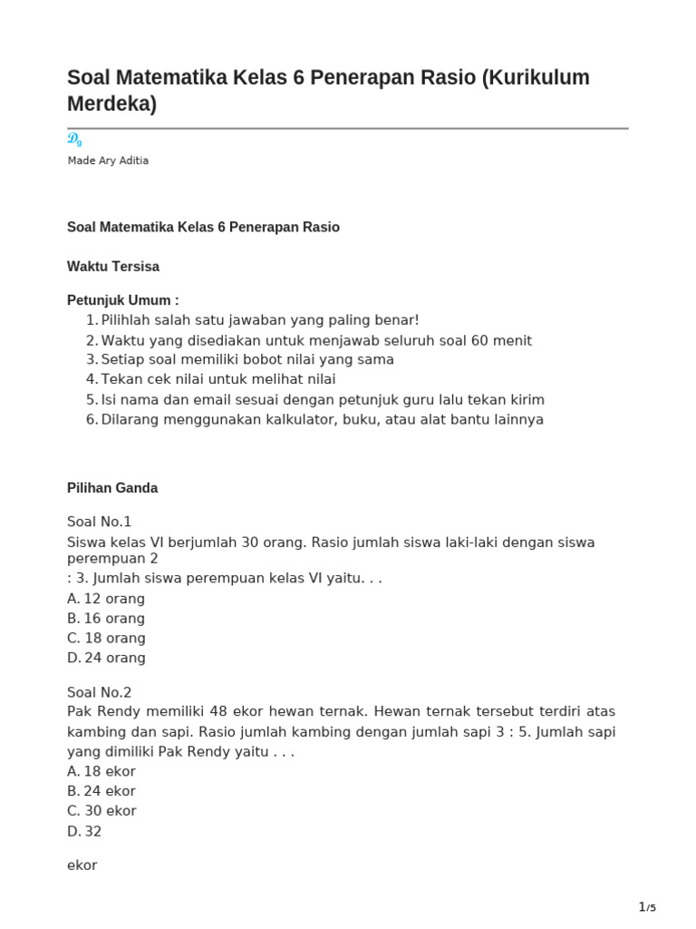 Soal Matematika Kelas 6 Penerapan Rasio Kurikulum Merdeka | PDF