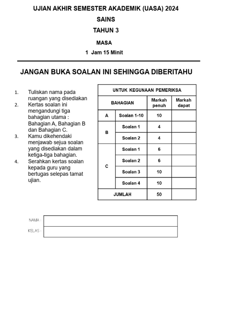 Uasa Sains Tahun 3 | PDF