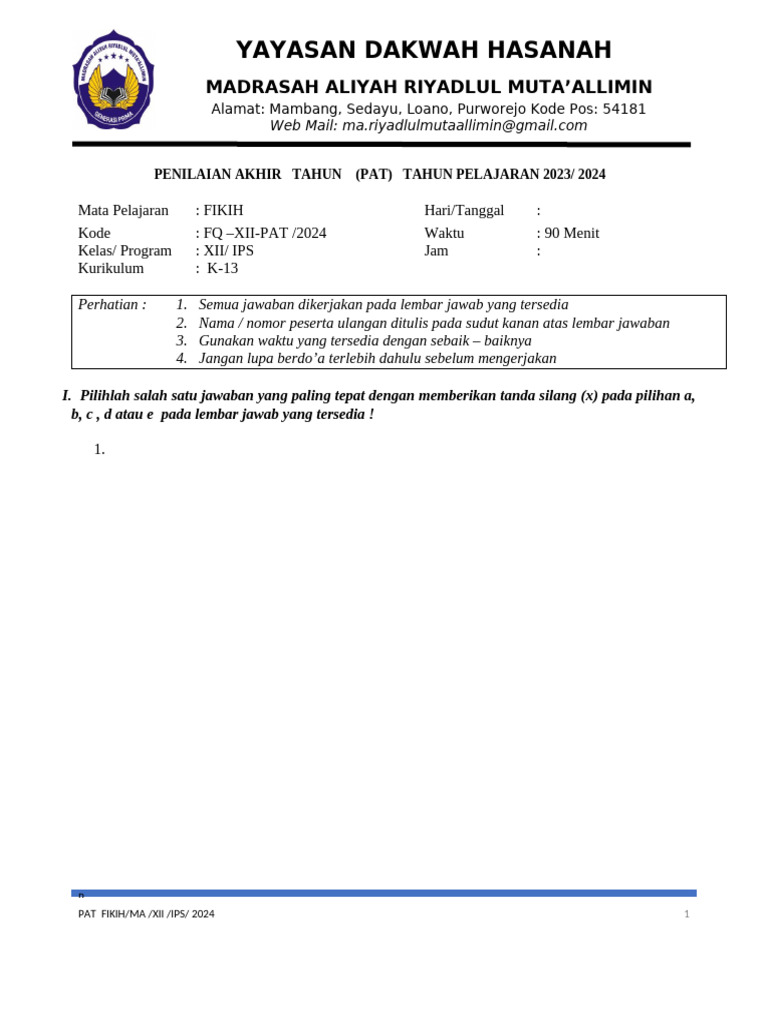 Pat Fikih Ma Xii Tahun 2023 .2024. Masmuh | PDF