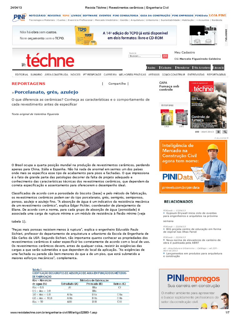 Revista Téchne - Revestimentos Cerâmicos - Engenharia Civil | PDF | Argamassa (alvenaria) | Dureza
