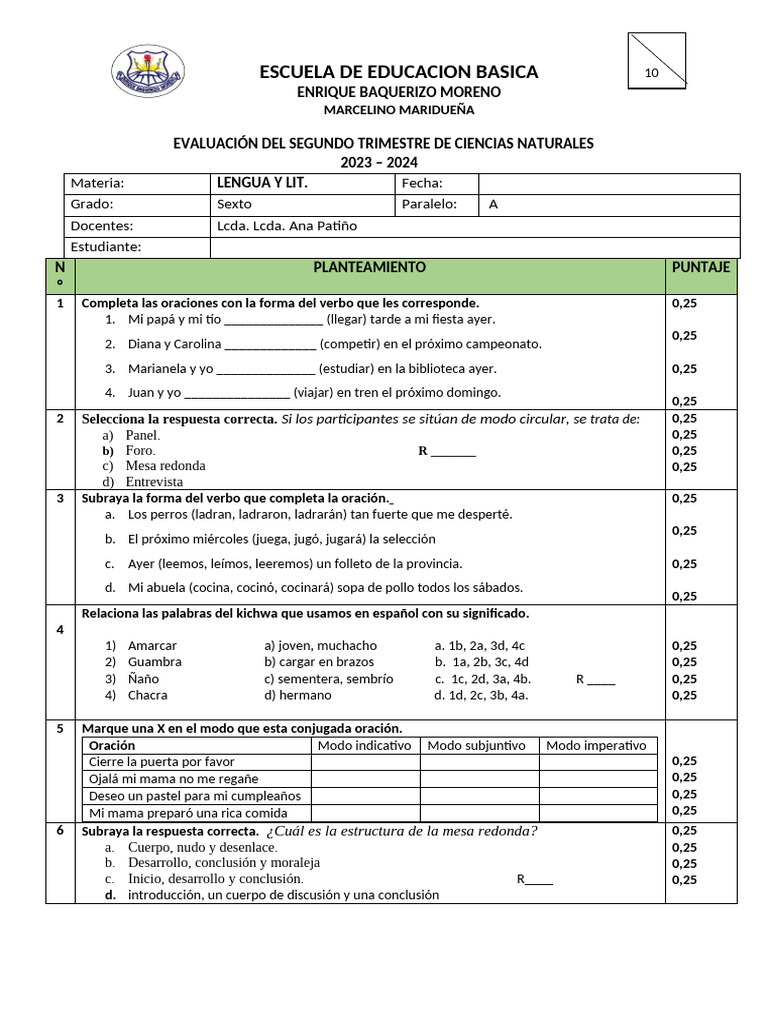 EVAL 6TO A y B LENGUA 2DO TRIM. | PDF | Morfología | Relaciones sintácticas