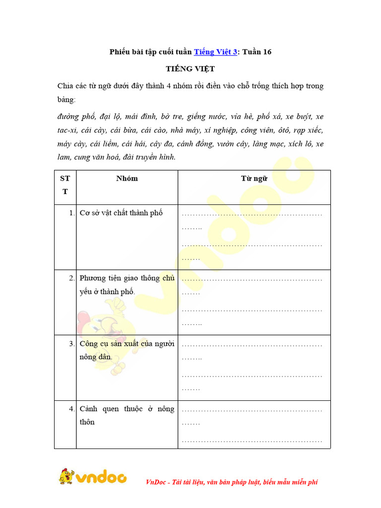 Phieu Bai Tap Cuoi Tuan Tieng Viet 3 Tuan 16 | PDF