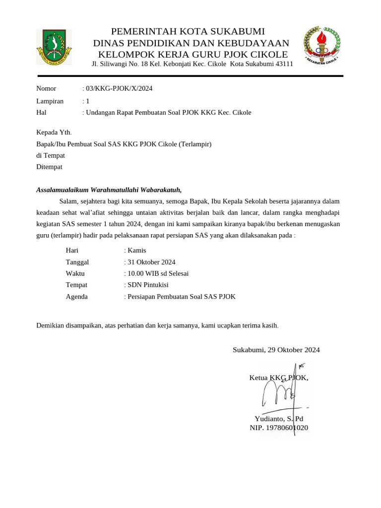 Surat Undangan Pembuatan Soal Sas KKG Pjok Cikole | PDF