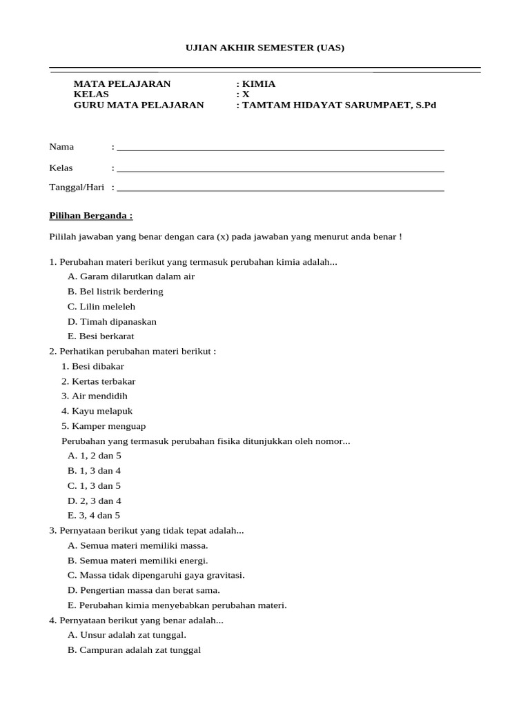 Soal Kimia Kelas X Semester 1 | PDF