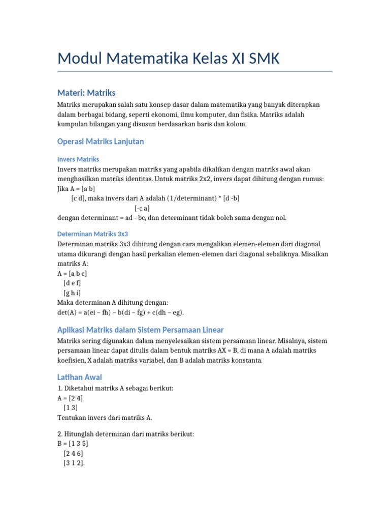 Modul Matematika Fita Diana Kelas XI SMK Matriks-1 | PDF | Metode ...