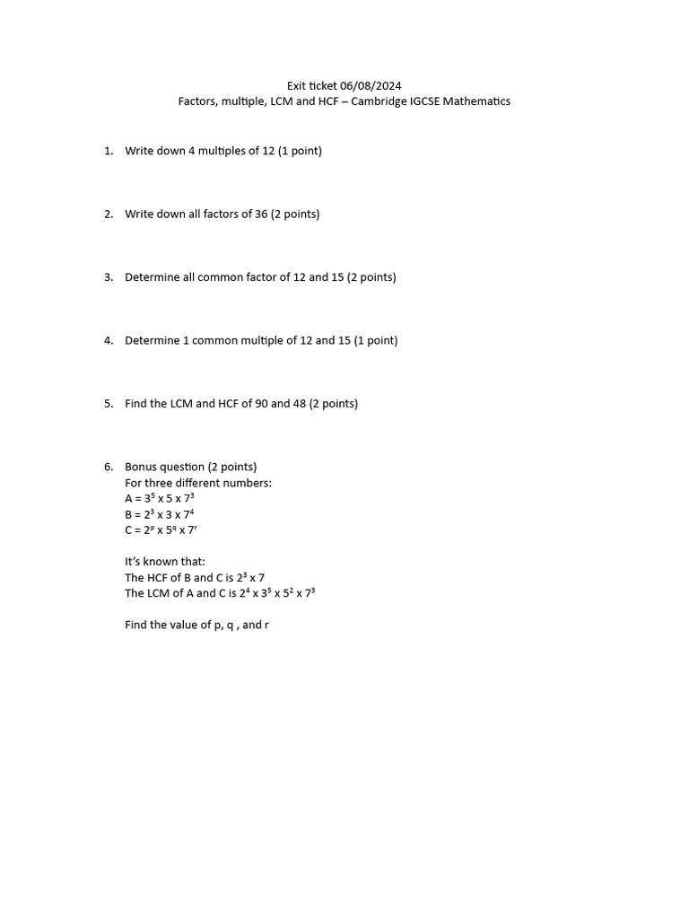 Cambridge IGCSE Math: LCM, HCF, Factors | PDF | Sports & Recreation ...