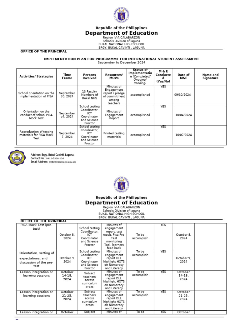 Implementation Plan PISA | PDF | Behavior Modification | Learning