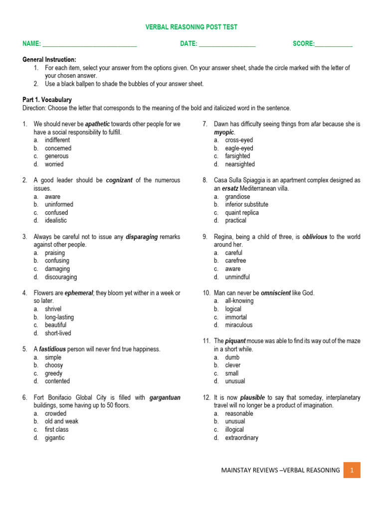Verbal Reasoning Post Test (150 Items) | PDF | Pacific Ocean