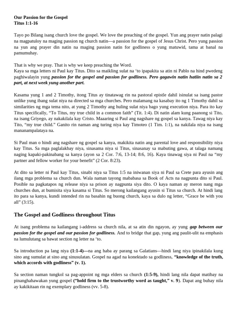 A Gap Between Our Passion For The Gospel and Our Passion For Godliness Part 1 | PDF