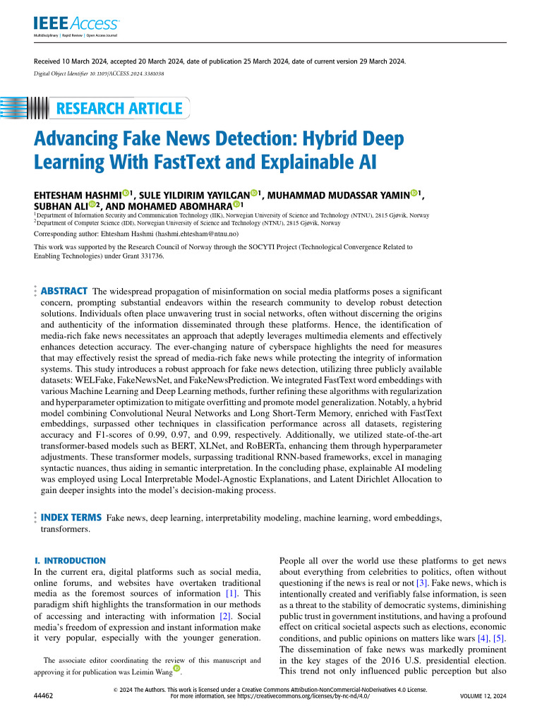Advancing Fake News Detection Hybrid Deep Learning With FastText and ... Advancing Fake News Detection Hybrid Deep Learning With FastText and ...