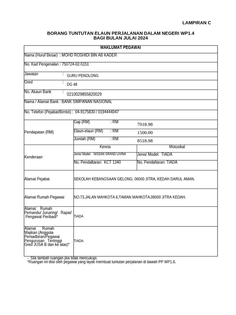 Borang Tuntutan Elaun Perjalanan WP 14 2024 ROSHIDI JULAI | PDF