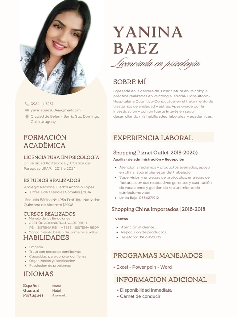 Curriculum Vitae Psic Yanina Báez | PDF | Sicología | Conceptos psicologicos