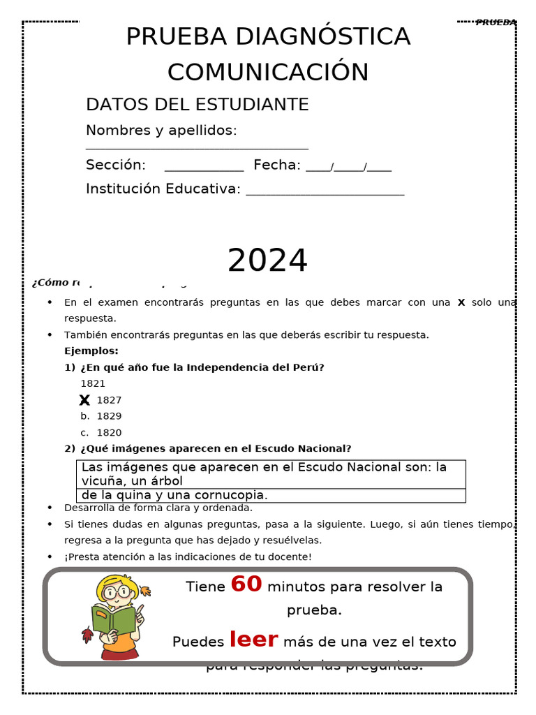 Prueba Diagnóstica 5° - Lec 2024 | PDF | Patata | Perú