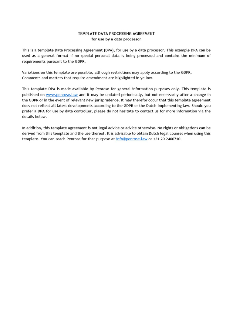 Template Dutch Law Data Processing Agreement - Penrose | PDF | Justice ...
