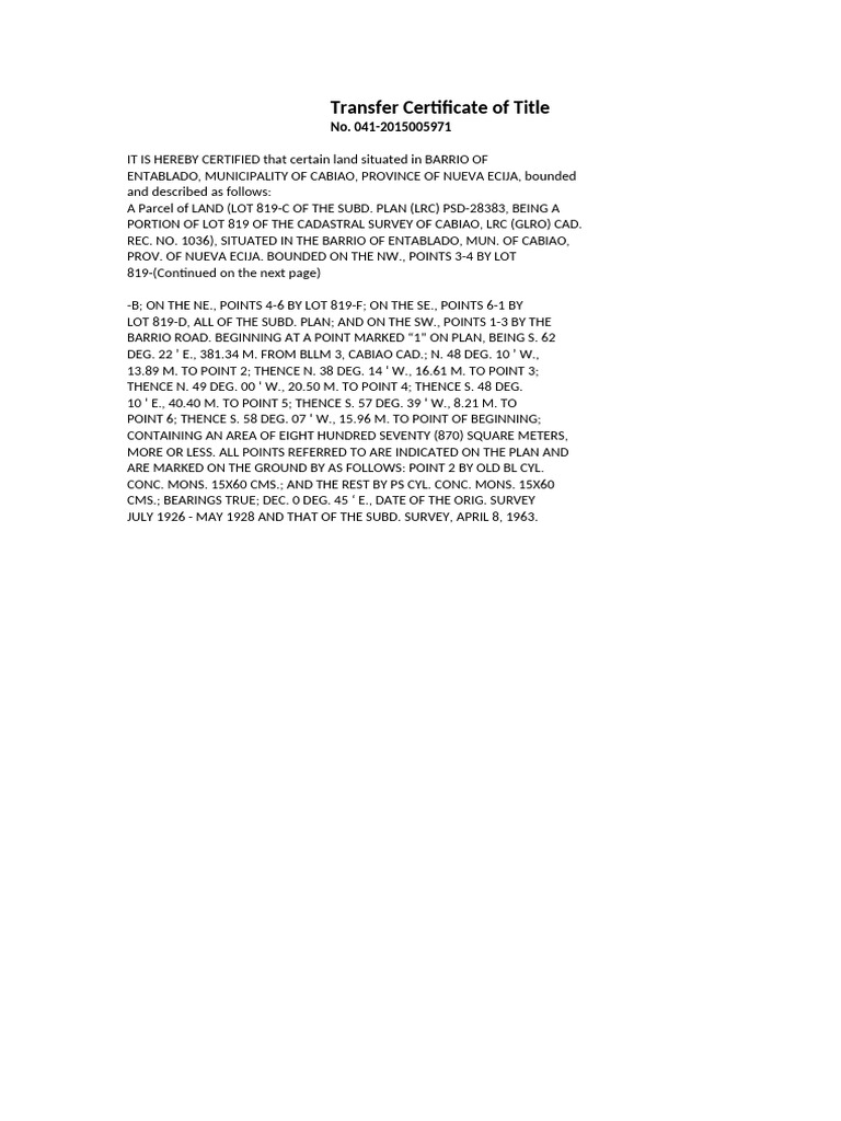 AUG 29 Transfer Certificate of Title NO. 041-2015005971 | PDF