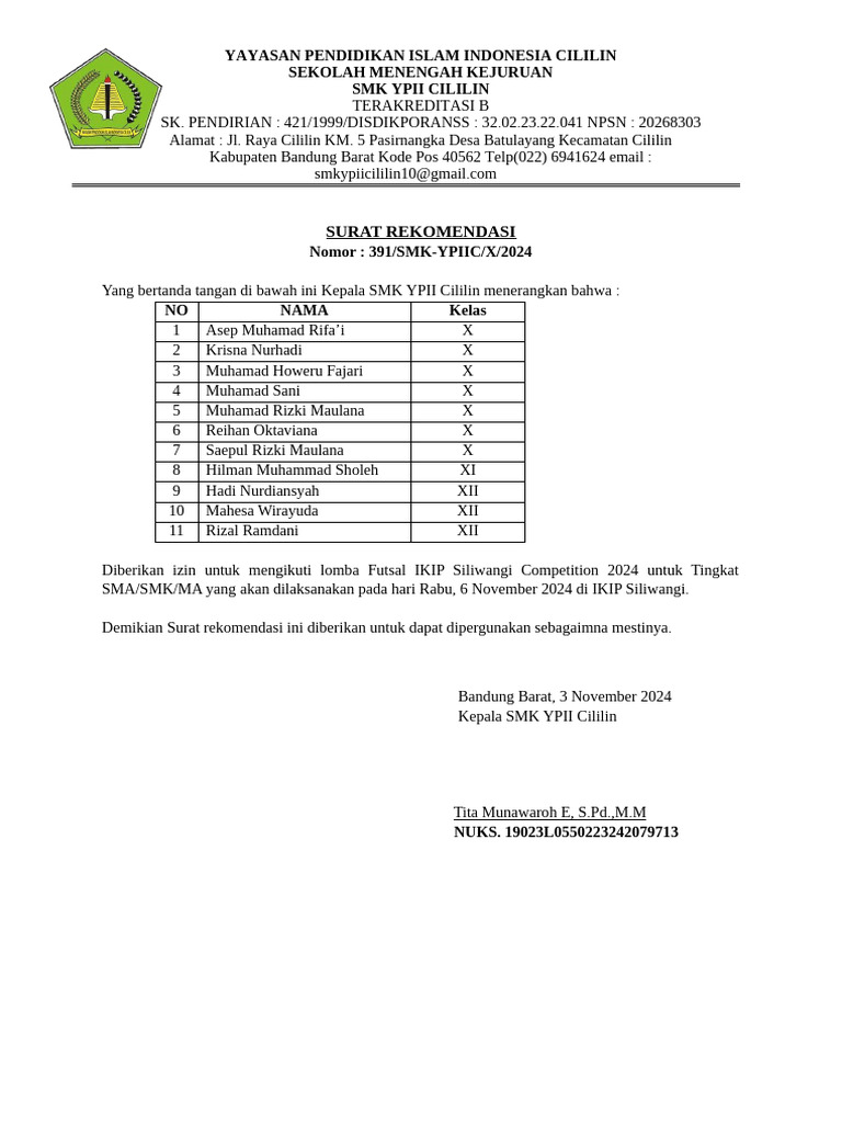Surat Rekomendasi Lomba | PDF