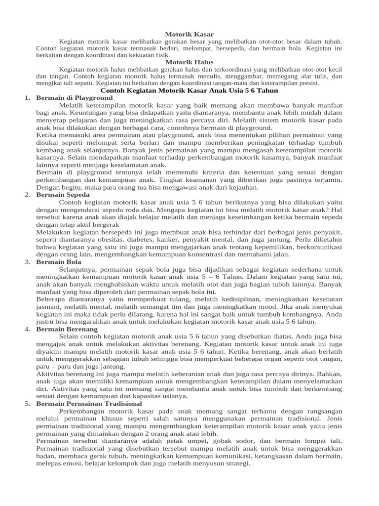 Contoh Kegiatan Motorik Kasar Anak Usia 5 6 Tahun | PDF | Karier ...