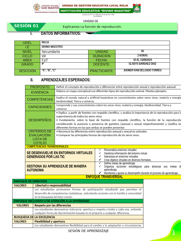 A-4º SES ACT 1-CYT-UND 6 Clases | PDF | Reproducción | Aprendizaje