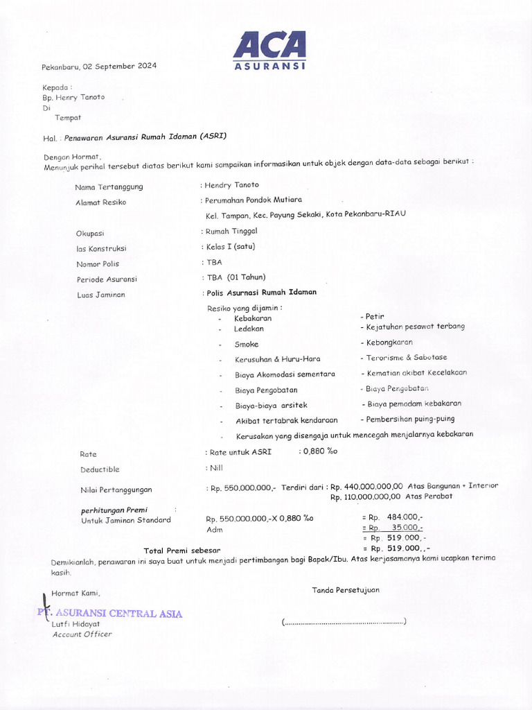 Penawaran Asuransi Kebakaran An Bapak Henry Tanoto | PDF