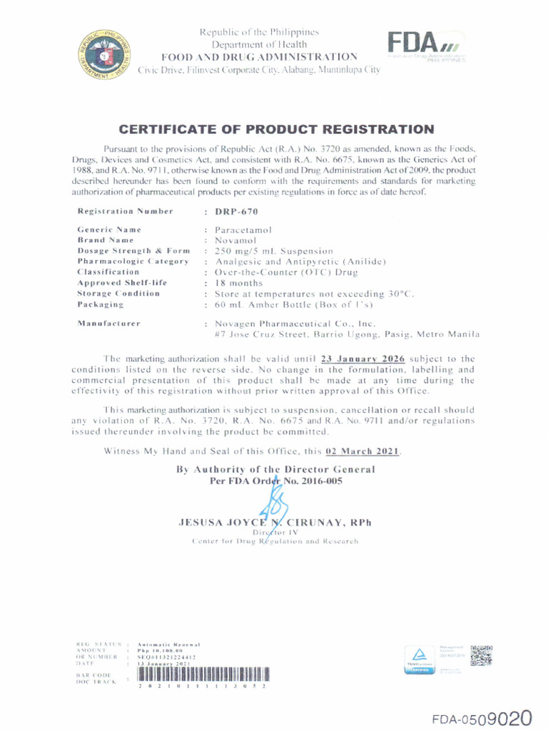 Paracetamol 250mg Susp (Novamol) 1-23-26 | PDF