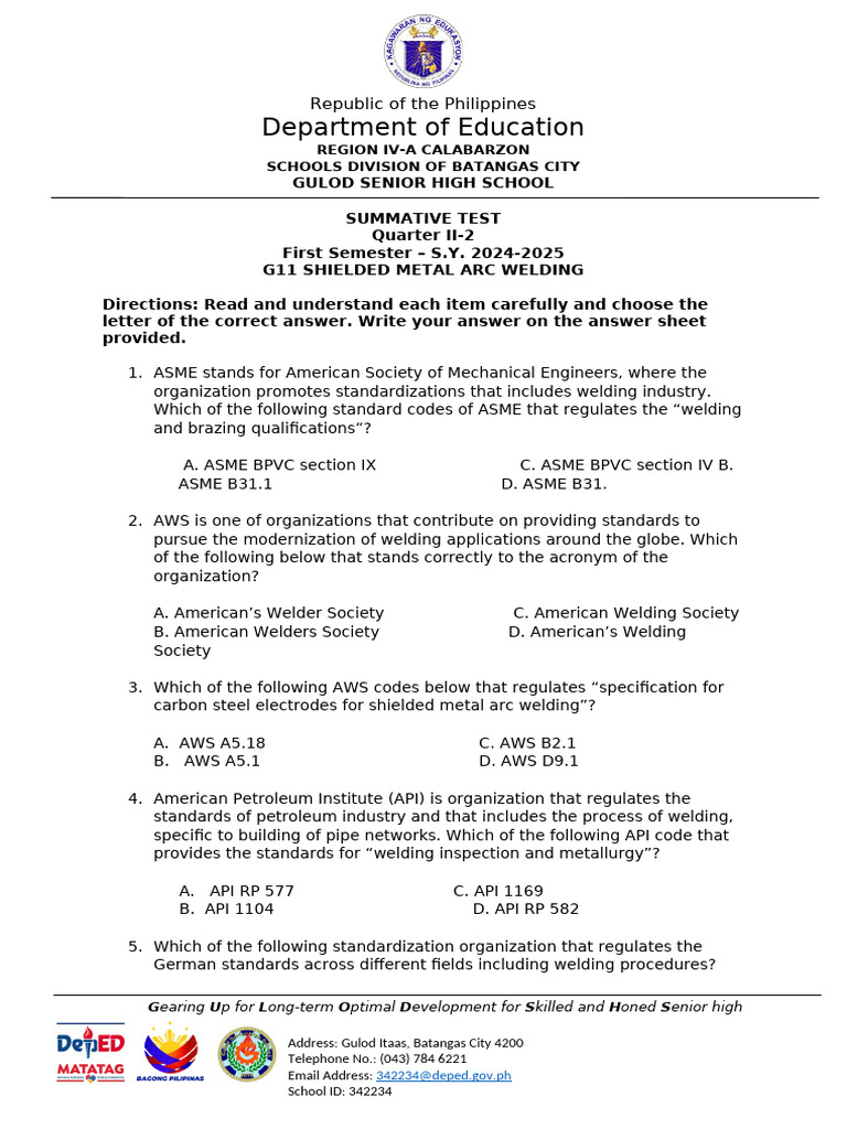 G11 - Smaw Qii-2 Major Summative Test | PDF | Welding | Construction