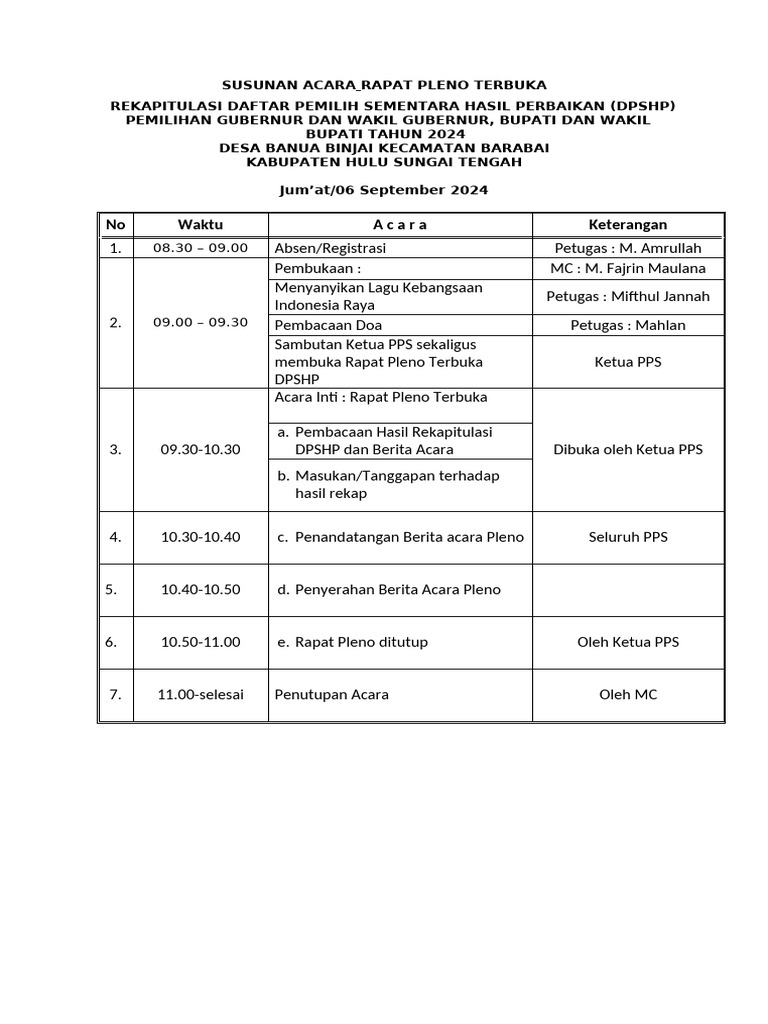 02 Draft Susunan Acara Pleno DPSHP PPS | PDF