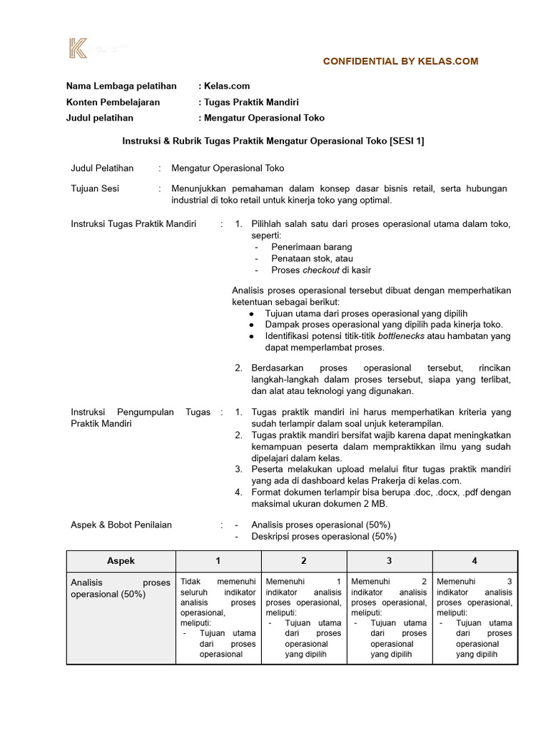 TPM (SESI 1) Instruksi Dan Rubrik TPM - Kelas - Com - Mengatur Operasional Toko | PDF
