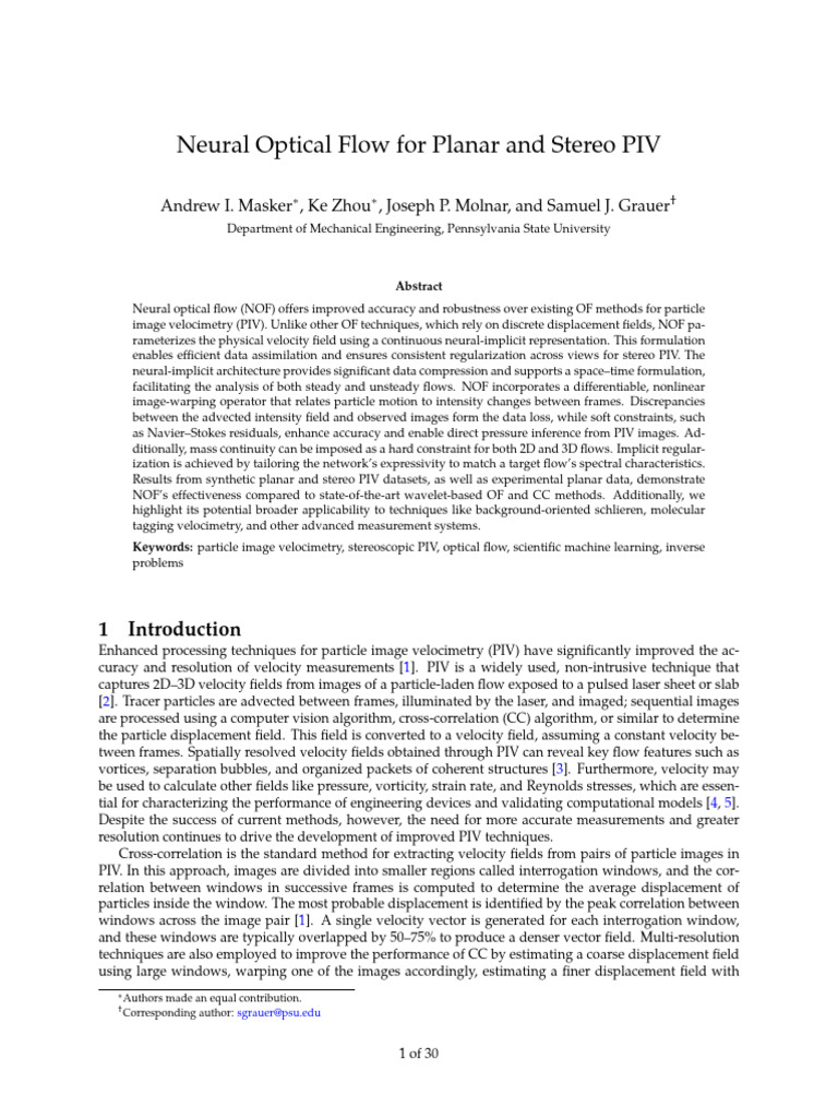 Neural Optical Flow For Planar and Stereo PIV: Andrew I. Masker, Ke Zhou, Joseph P. Molnar, and ...