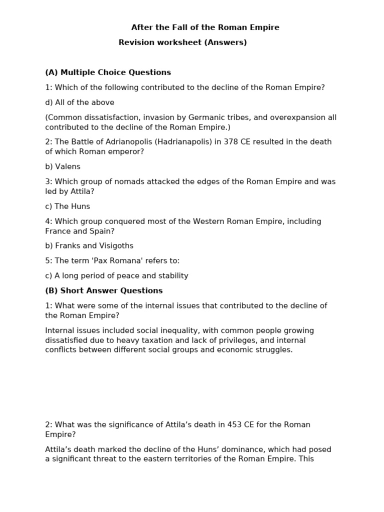 Fall of Rome: Revision Worksheet Answers | PDF