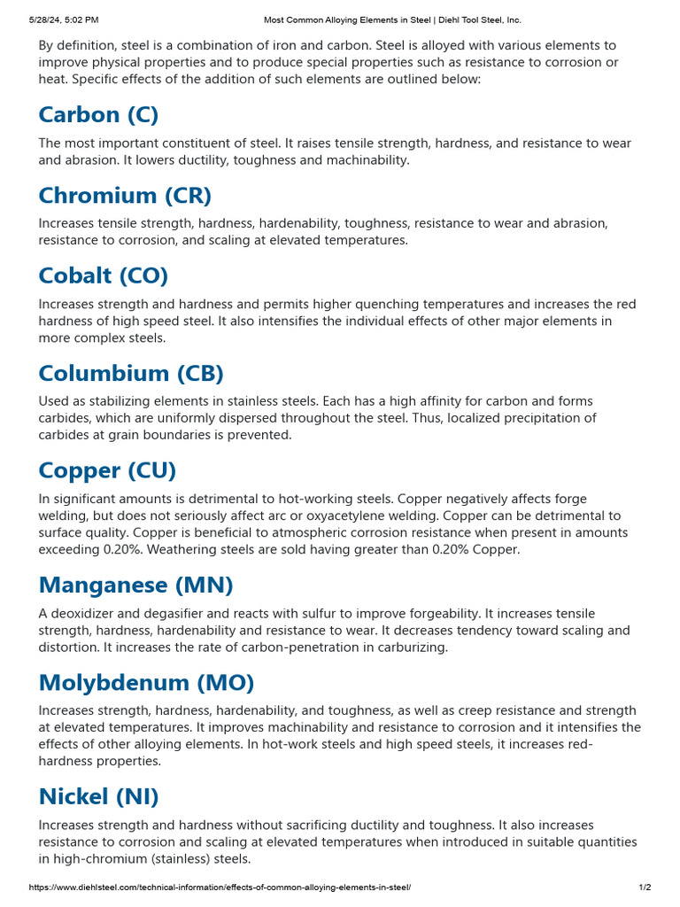 Most Common Alloying Elements in Steel - Diehl Tool Steel, Inc | PDF ...