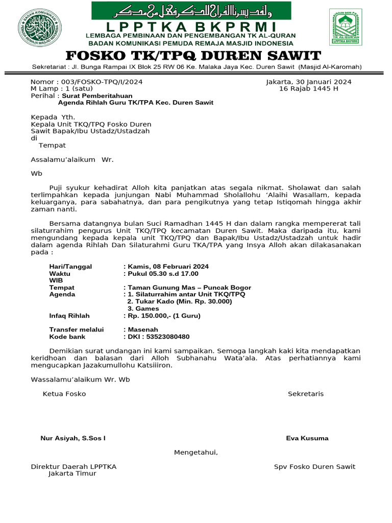 Undangan Rihlah Guru TK/TPA Duren Sawit | PDF