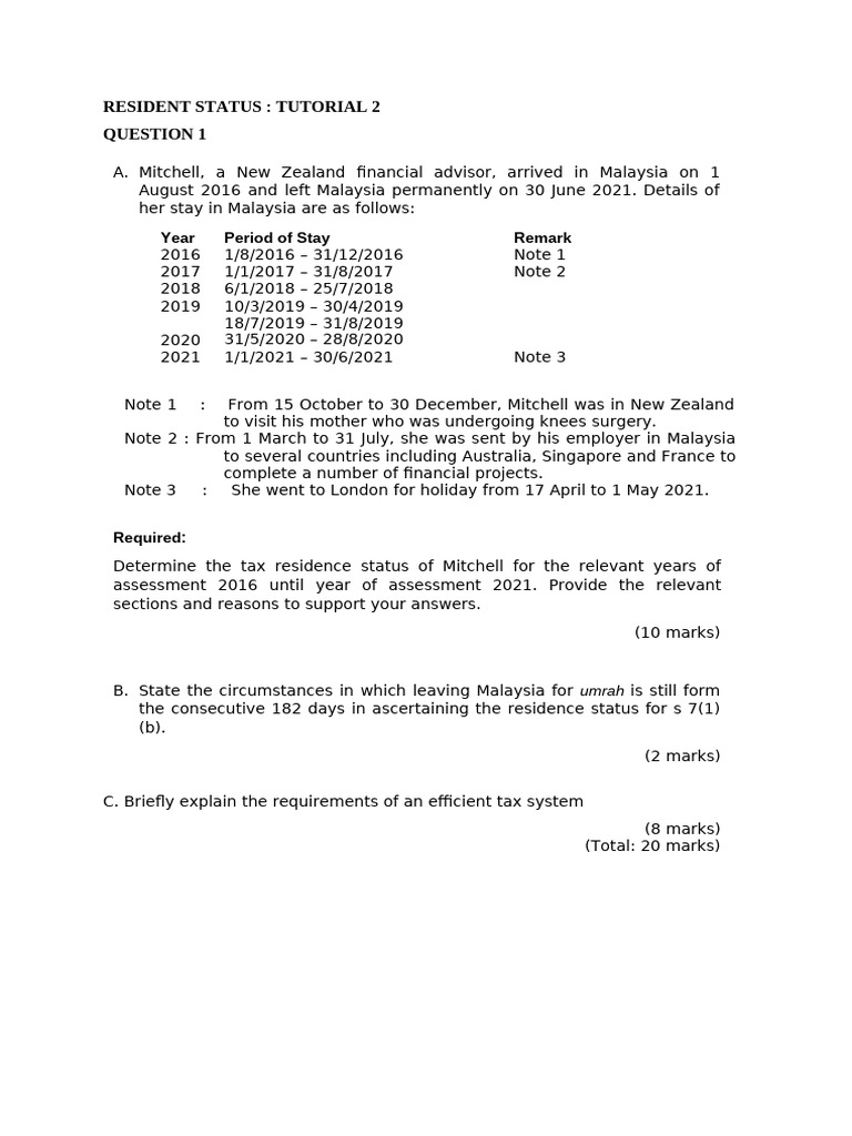 Resident Status Tutorial 2 Answer | PDF | Taxes | Government Finances