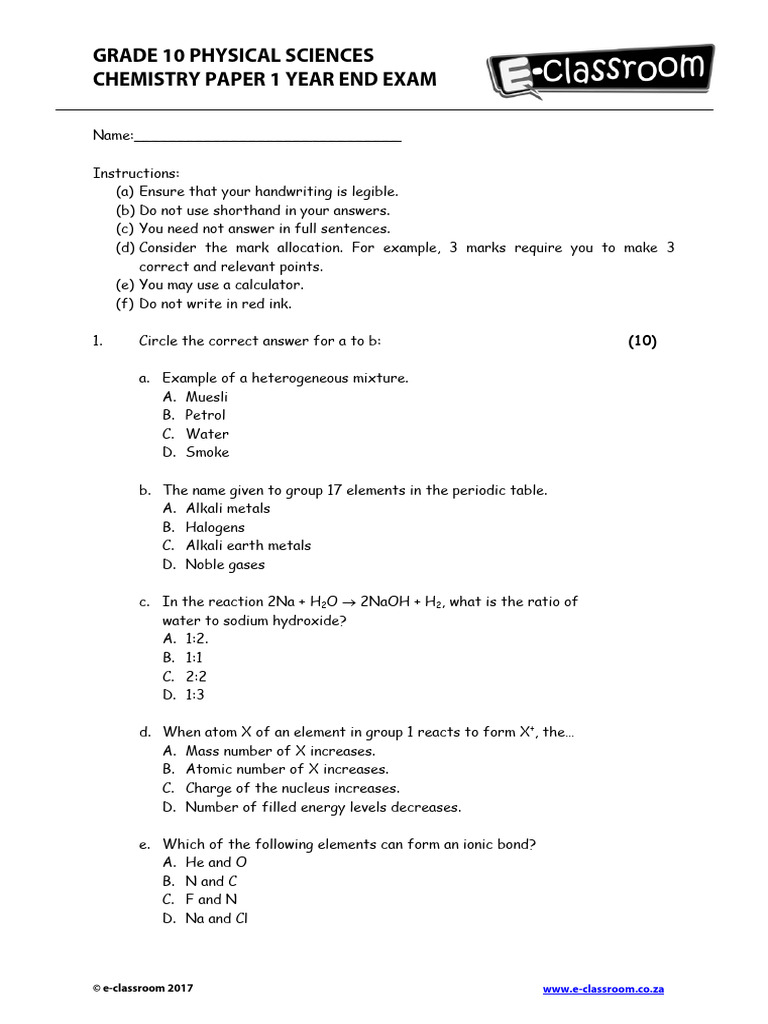 gr10 Physical Sciences Chem Final Exam | PDF | Chemical Elements ...