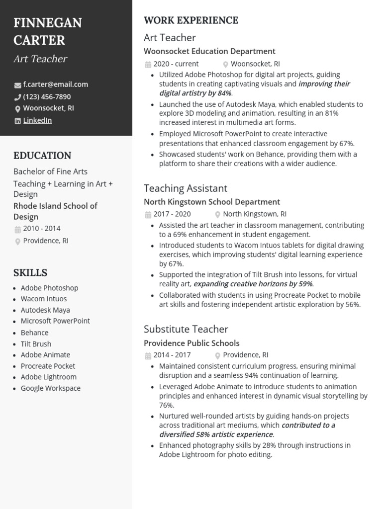Art Teacher Resume Example | PDF | Visual Arts Education | Teachers