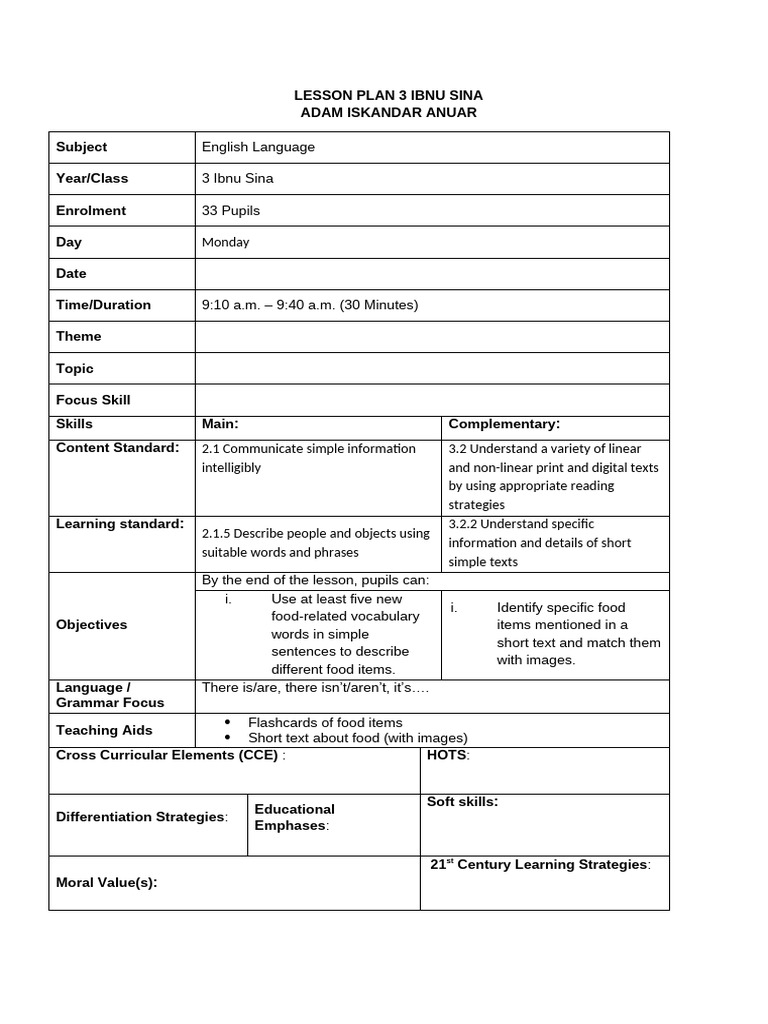 YEAR 3 Lesson Plan (Speaking Topic 6) | PDF | Learning | Lesson Plan
