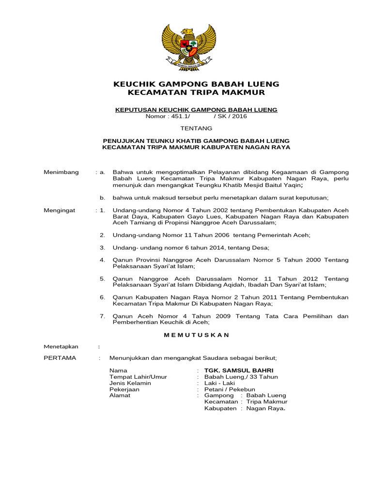 SK TGK Imum Meunasah | PDF