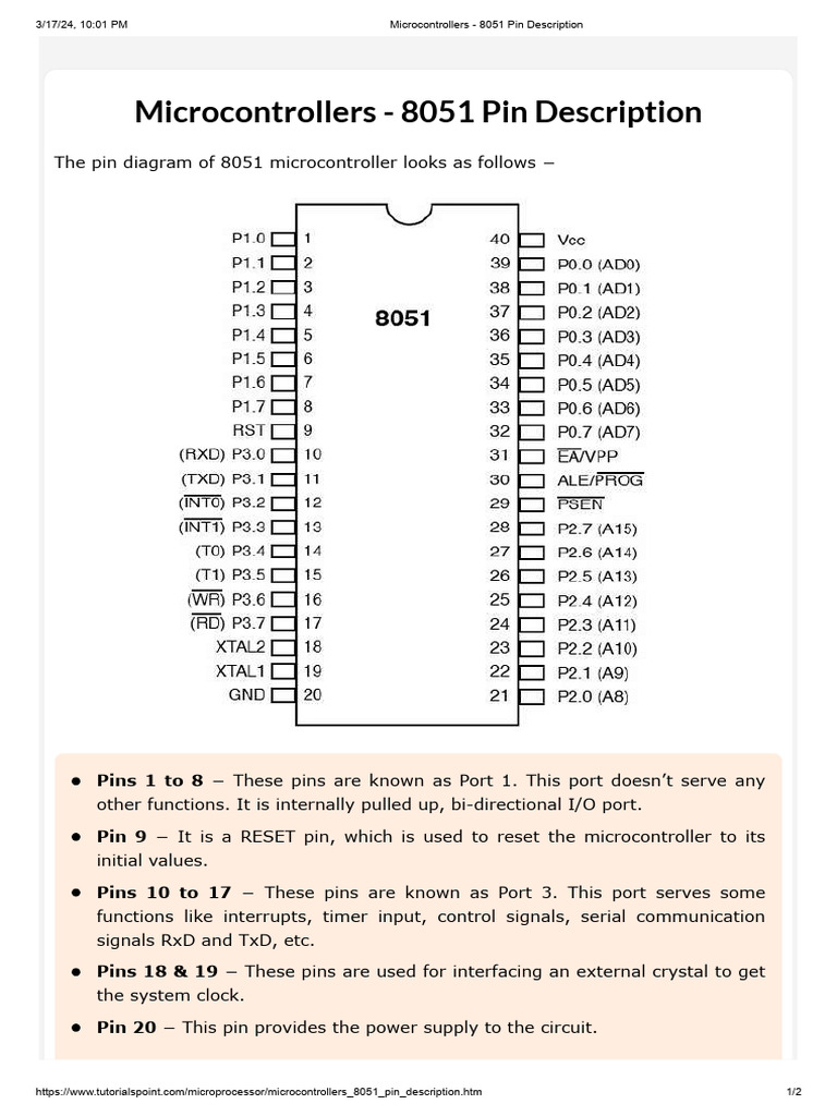 Microcontrollers - 8051 Pin Description | PDF