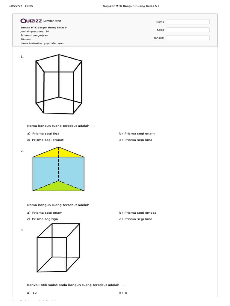 Sumatif MTK Bangun Ruang Kelas 5 - Quizizz | PDF
