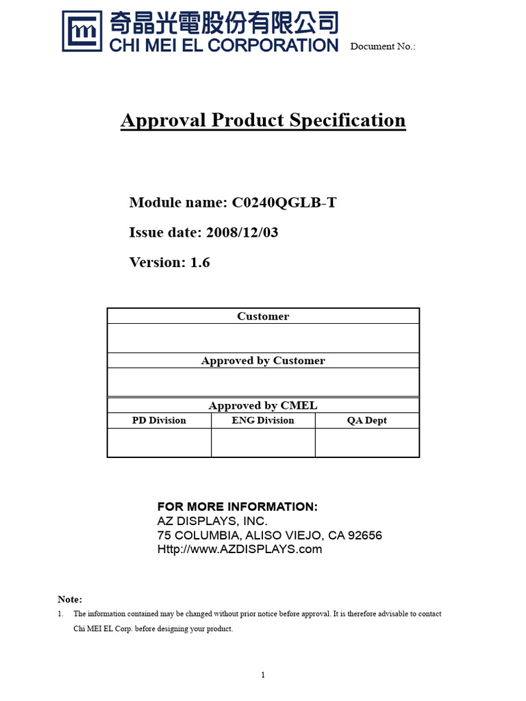 2.4" OLED Module Specifications | PDF | Power Supply | Input/Output