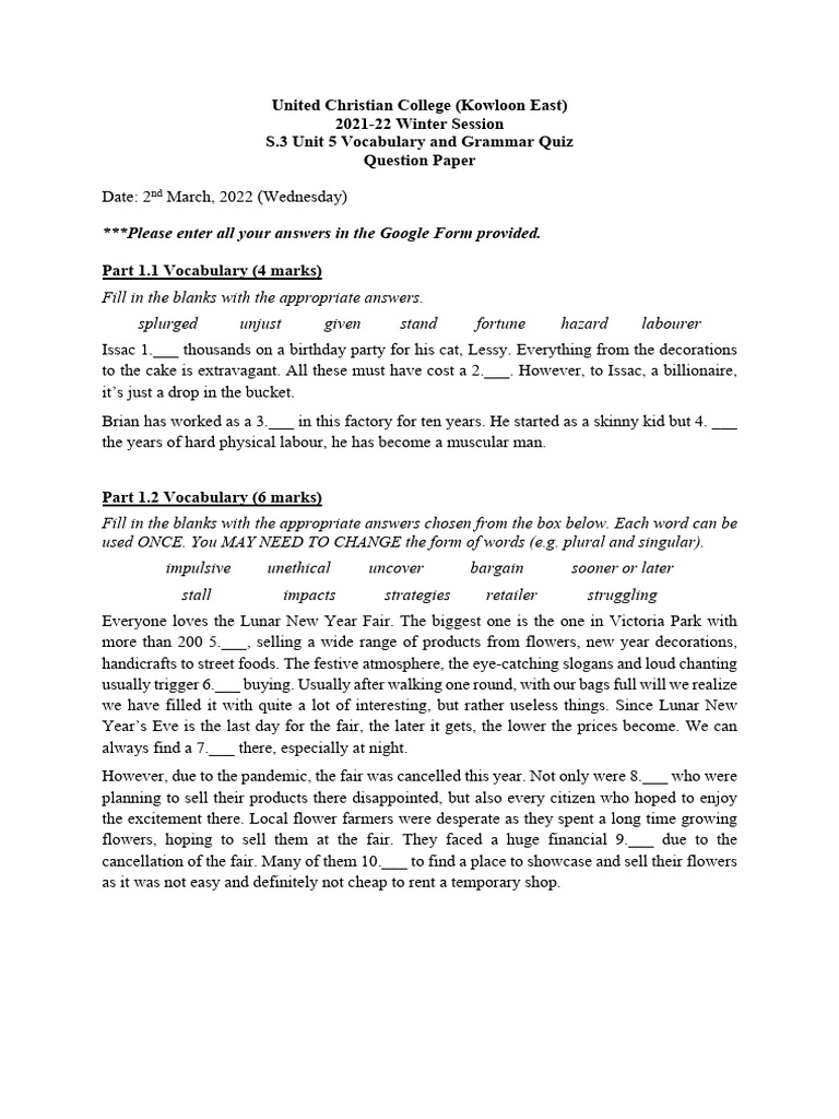 S3 - Unit 5 - Vocab and Grammar Quiz | PDF | Home & Garden | Art