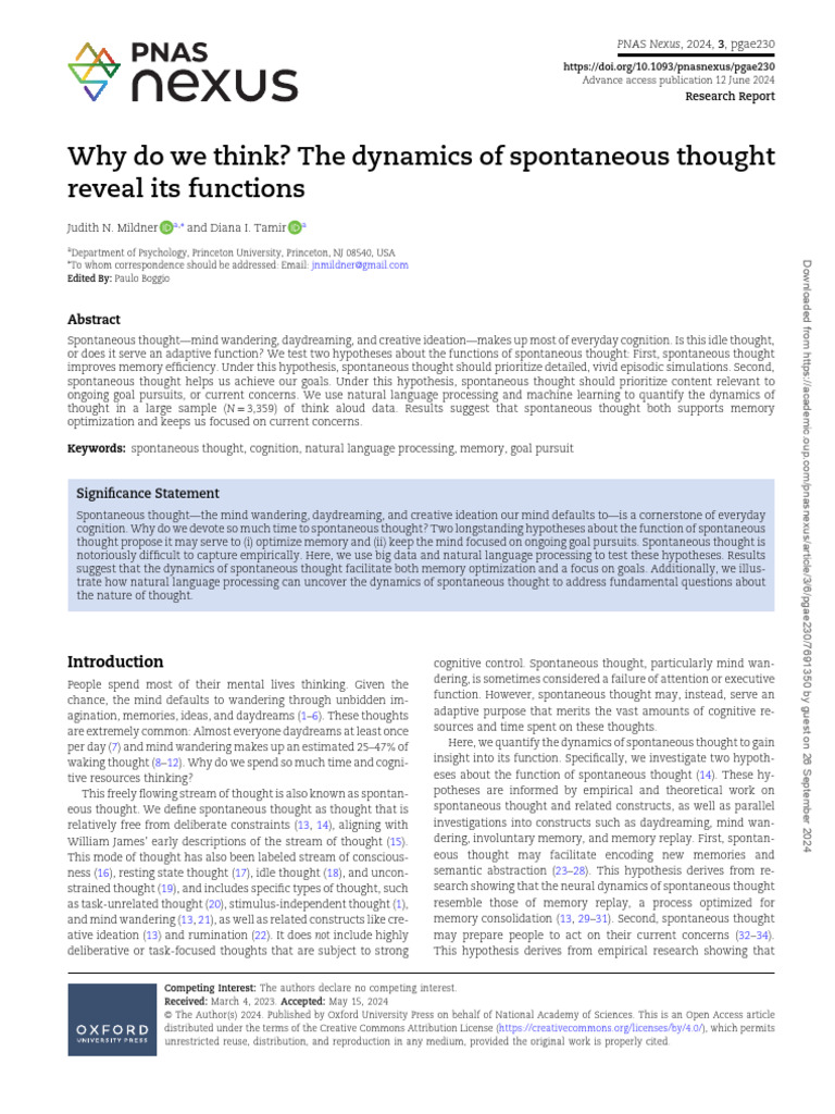 Functions of Spontaneous Thought Explained | PDF | Thought | Memory