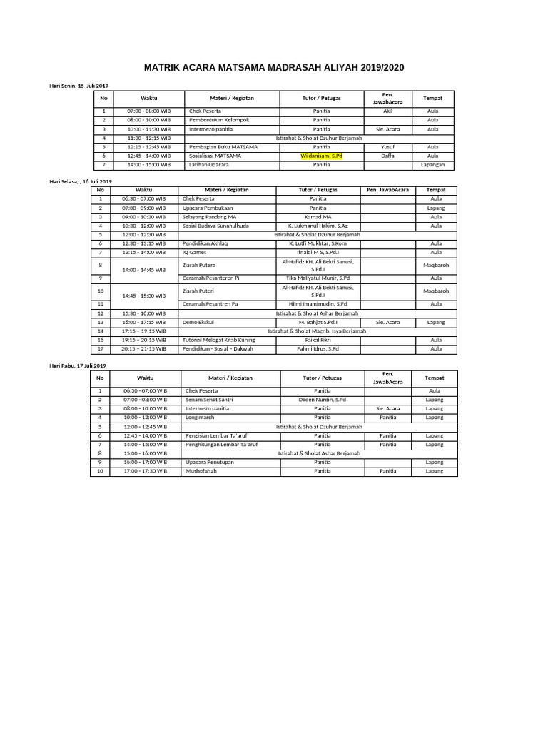 Matrik Acara Matsama 2020 | PDF