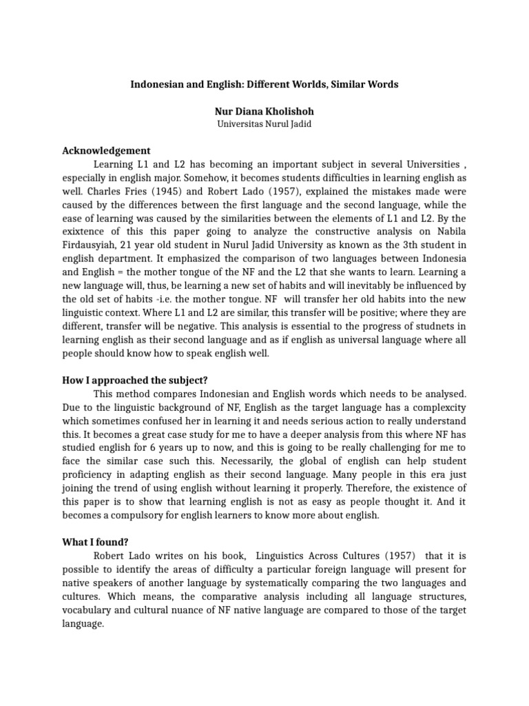 Indonesian vs. English: Language Analysis | PDF | Indonesian Language | English Language