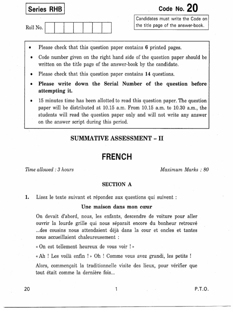 CBSE Class 10 French Exam Paper 2011 (Set 1) | PDF