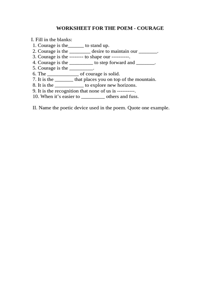 CL 7 Worksheet For The Poem | PDF