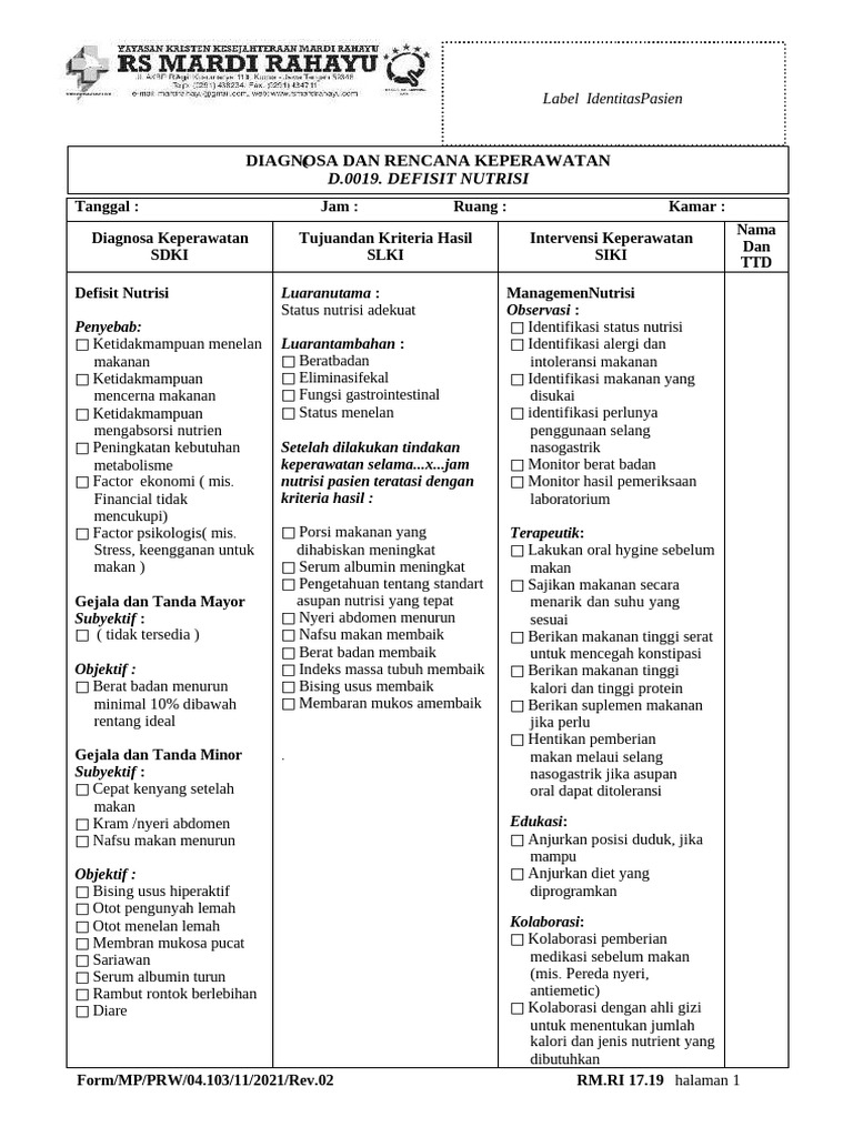 RM - RI 17.19 D.0019 Defisit Nutrisi | PDF